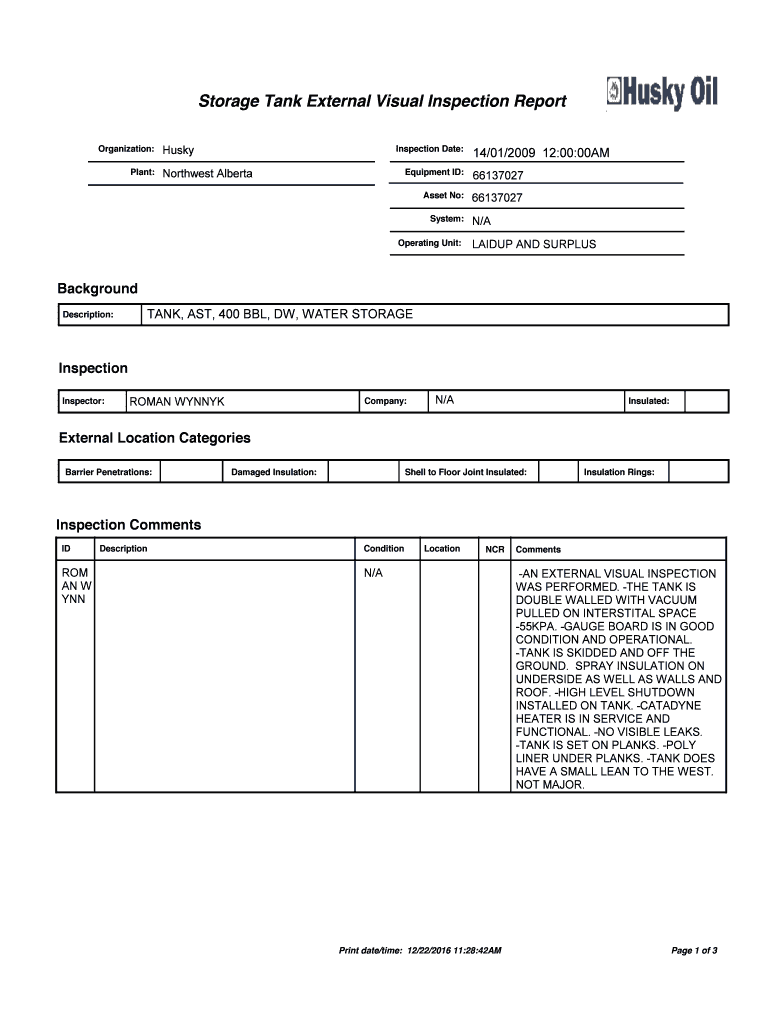 Fillable Online Storage Tank External Visual Inspection Report Fax ...