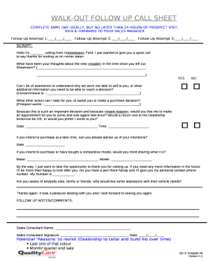 WALK-OUT FOLLOW UP CALL SHEET Doc Template | pdfFiller