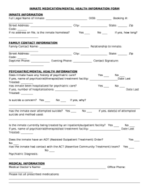 INMATE MEDICATION/MENTAL HEALTH INATION Doc Template | pdfFiller
