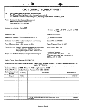 Fillable Online CDD CONTRACT SUMMARY SHEET Fax Email Print - pdfFiller