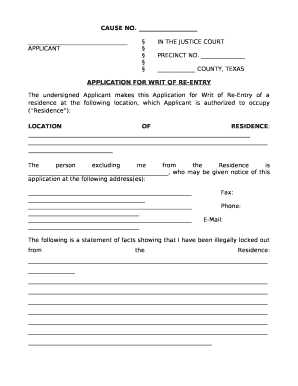 APPLICATION FOR WRIT OF RE-ENTRY Doc Template | pdfFiller