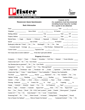 Homeowners Quote Questionnaire Doc Template | pdfFiller