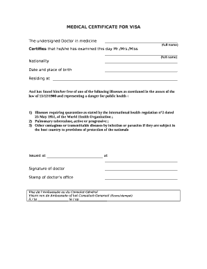 MEDICAL CERTIFICATE FOR VISA Doc Template | pdfFiller
