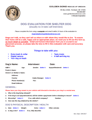 DOG EVALUATION FOR SHELTER DOG Doc Template | pdfFiller