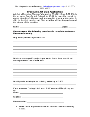 Brookville Art Club Application Doc Template | pdfFiller