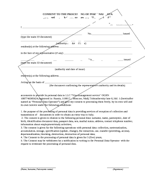 CONSENT TO THE PROCESSING OF PERSONAL DATA Doc Template | pdfFiller