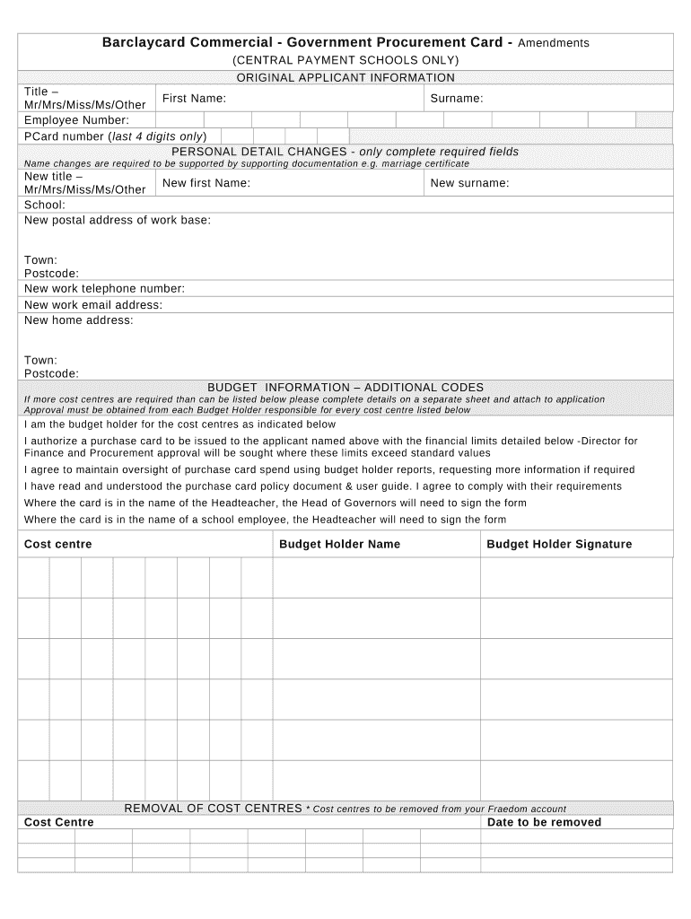 Barclaycard Commercial - Government Procurement Card - Amendments Doc Template | pdfFiller