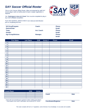 SAY Soccer Official Roster Doc Template | pdfFiller