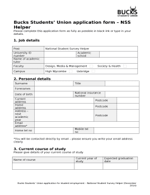 Bucks Students Union application NSS Helper Doc Template | pdfFiller