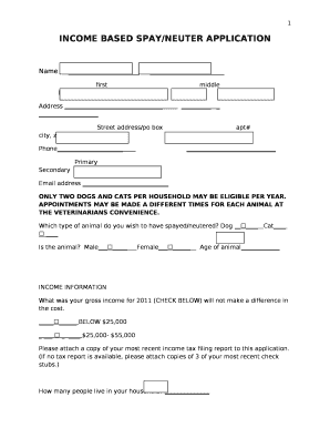 INCOME BASED SPAY/NEUTER APPLICATION Doc Template | pdfFiller