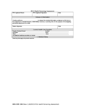 RFA Health Screening Assessment - calswec berkeley Doc Template | pdfFiller