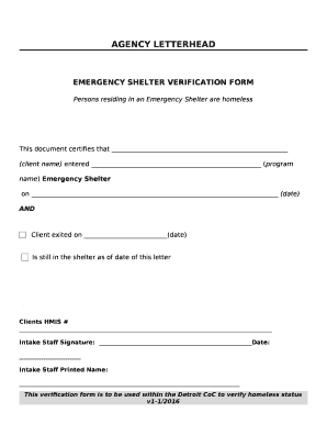 EMERGENCY SHELTER VERIFICATION Doc Template | pdfFiller