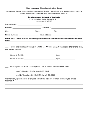 Sign Language Class Registration Sheet Doc Template | pdfFiller