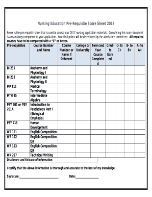 Nursing Education Pre-Requisite Score Sheet 2017 Doc Template | pdfFiller