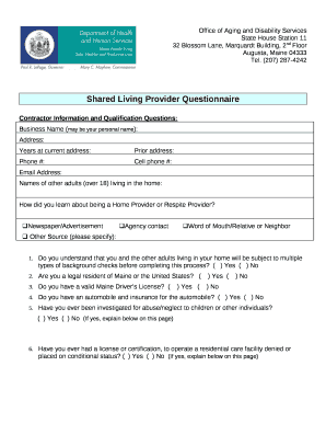 Shared Living Provider Questionnaire Doc Template | pdfFiller