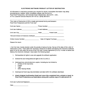 ELECTRONIC SOFTWARE PRODUCT LETTER OF DESTRUCTION Doc Template | pdfFiller