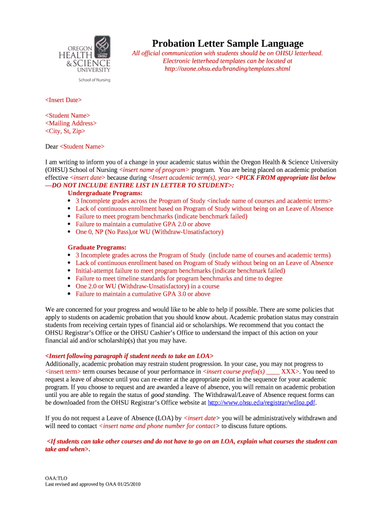 Probation Letter Sample Language Doc Template | pdfFiller