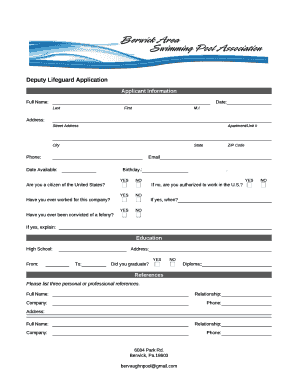Deputy Lifeguard Application Doc Template | pdfFiller