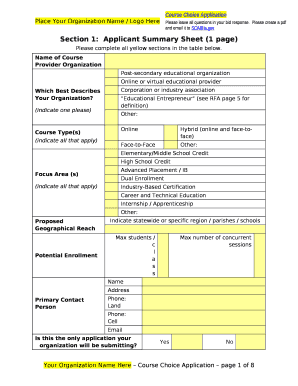 Section 1:Applicant Summary Sheet (1 page) Doc Template | pdfFiller