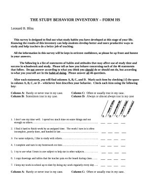 THE STUDY BEHAVIOR INVENTORY HS - www2 fiu Doc Template | pdfFiller