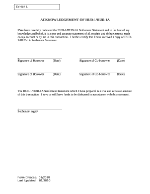 ACKNOWLEDGEMENT OF HUD-1/HUD-1A Doc Template | pdfFiller