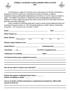 TYRRELL MASONIC SCHOLARSHIP APPLICATION Doc Template | pdfFiller