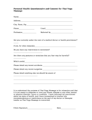 Personal Health Questionnaire and Consent for Thai Yoga Massage Doc ...