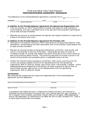 PROVIDER/SPONSOR AGREEMENT ADDENDUM Doc Template | pdfFiller