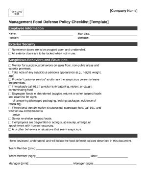 Management Food Defense Policy Checklist Template Doc Template | pdfFiller