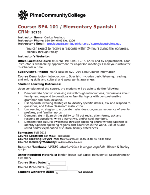 Course: SPA 101 / Elementary Spanish I Doc Template | pdfFiller