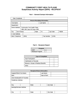 Suspicious Activity Report (SAR) - RECIPIENT Doc Template | pdfFiller