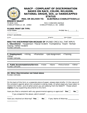 NAACP COMPLAINT OF DISCRIMINATION Doc Template | pdfFiller