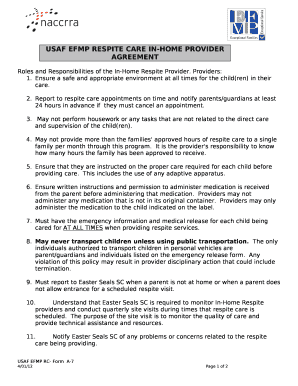 USAF EFMP RESPITE CARE In-Home Provider Agreement Doc Template | pdfFiller