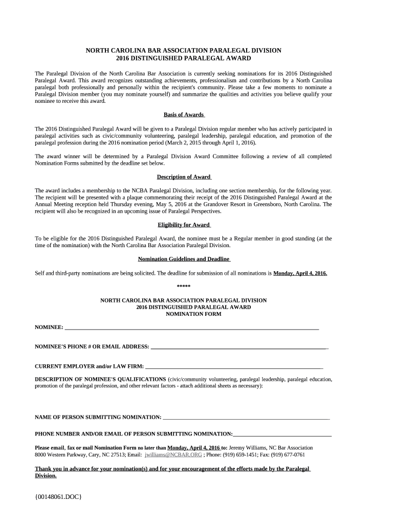 NORTH CAROLINA BAR ASSOCIATION PARALEGAL DIVISION Doc Template | pdfFiller