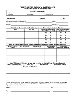 RECERTIFICATION (RENEWAL) QUESTIONNAIRE Doc Template | pdfFiller