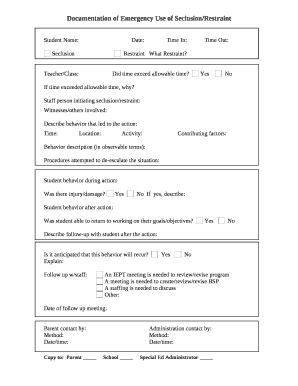 Documentation of Emergency Use of Seclusion/Restraint Doc Template ...
