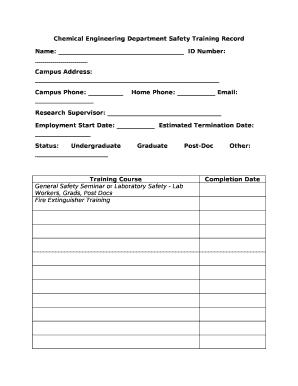 Chemical Engineering Department Safety Training Record Doc Template ...