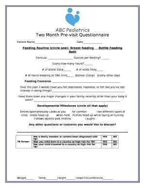 Two Month Pre-visit Questionnaire Doc Template | pdfFiller