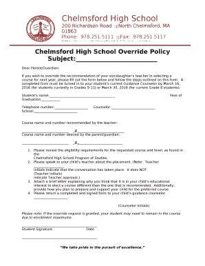 Chelmsford High School Override Policy Doc Template | pdfFiller