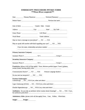 ENDOSCOPY PROCEDURE INTAKE Doc Template | pdfFiller