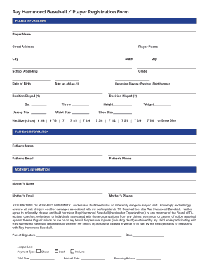 Fillable Online Ray Hammond Baseball / Player Registration Form Fax ...