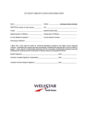 STUDENT ORIENTATION CONFIRMATION - wellstarcollege kennesaw Doc ...
