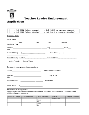 Teacher Leader Endorsement Application Doc Template | pdfFiller