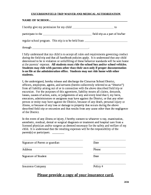 EXCURSION/FIELD TRIP WAIVER AND MEDICAL AUTHORIZATION Doc Template ...