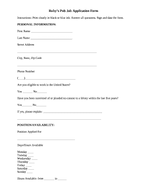 Rubys Pub Job Application Doc Template | pdfFiller