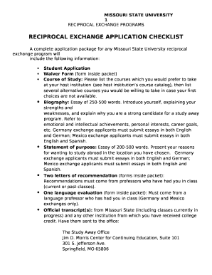 RECIPROCAL EXCHANGE APPLICATION CHECKLIST Doc Template | pdfFiller