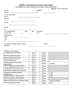 SDWRLF Prime/Sub-Contractor Data Sheet Doc Template | pdfFiller