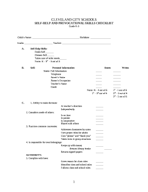SELF-HELP AND PREVOCATIONAL SKILLS CHECKLIST Doc Template | pdfFiller
