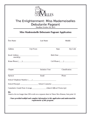 Miss Mademoiselle Debutante Pageant Application Doc Template | pdfFiller