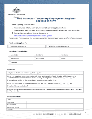 WHS Inspector Temporary Employment Register Doc Template | pdfFiller